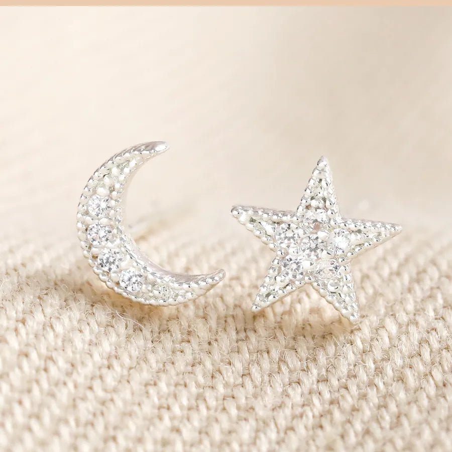 Silver Moon & Star Crystal Stud Earrings | Mismatched