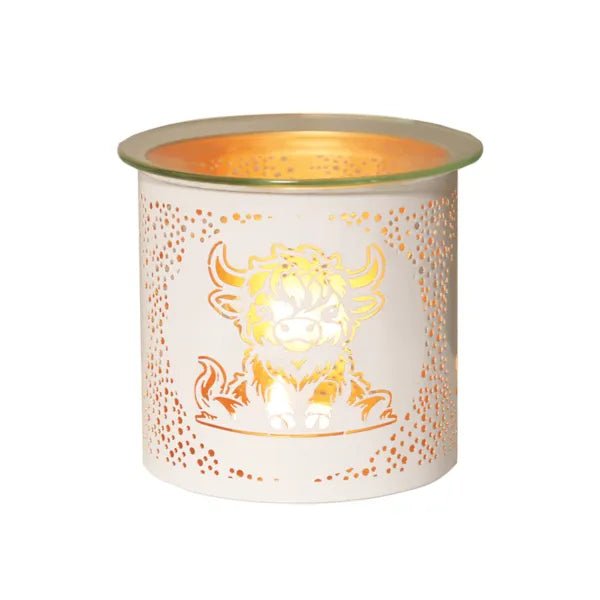 Tealight Wax Melter & Candle Holder – White & Gold Highland Cow