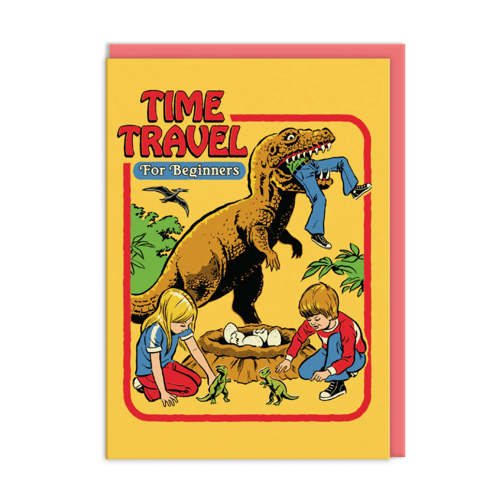 Time Travel for Beginners Greeting Card – Retro Dino Chaos